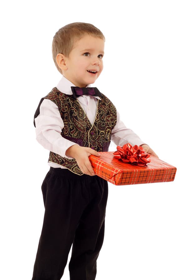 Smiling Little Boy Gives a Red Gift Box Stock Image - Image of studio ...