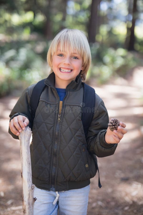 Smiling Little Boy Holding Pine Cone while Standing in Forest Stock ...