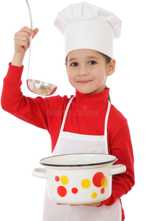 Smiling Little Chief-cooker with Ladle and Pot Stock Photo - Image of ...