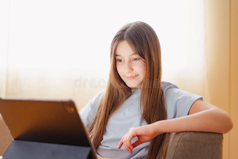 Smiling Little Girl with Laptop Computer at Home Stock Photo - Image of ...