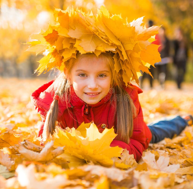 Smiling Little Girl among Maple Leaves Stock Photo - Image of childhood ...