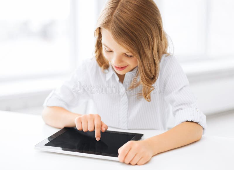 Smiling Little Girl with Tablet Pc at School Stock Image - Image of ...