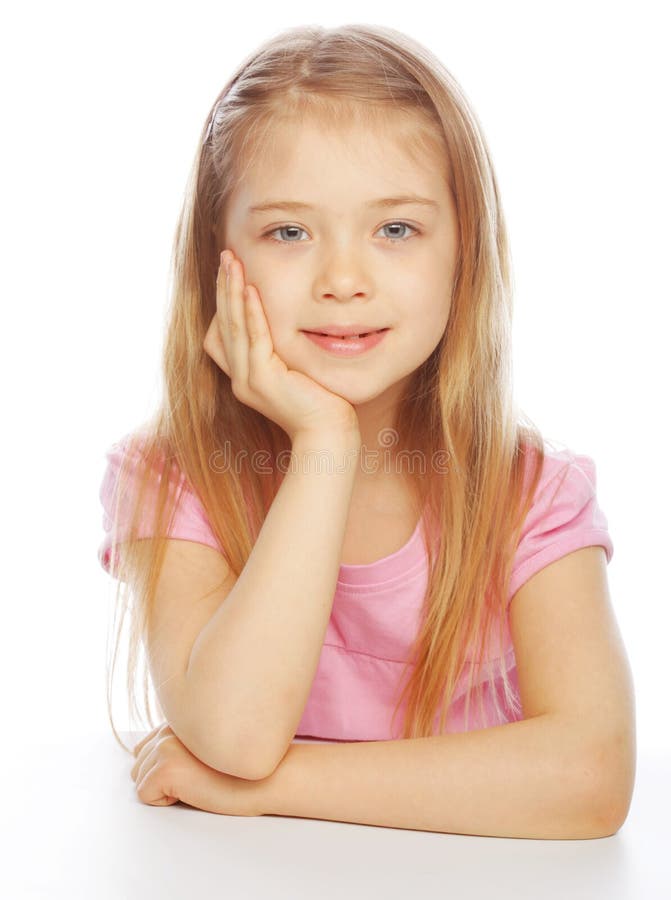 Smiling Little Girl on White Background in Studio Stock Image - Image ...