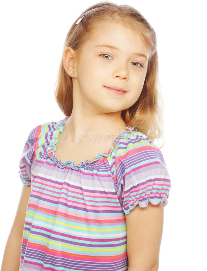 Smiling Little Girl on White Background in Studio Stock Image - Image ...