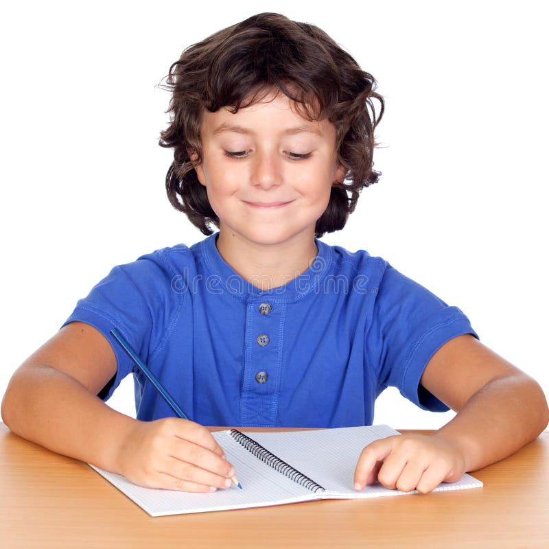 Smiling Little Student Writing in the Notebook Stock Image - Image of ...