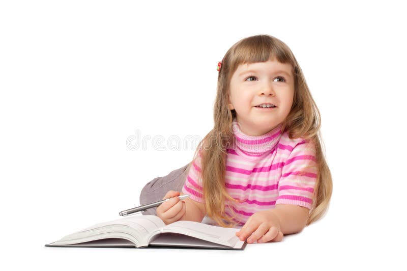 Smiling Little Writing Girl Stock Image - Image of isolated, floor ...