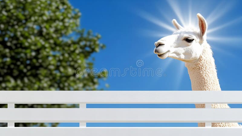 Smiling Llama Against Blue Sky with Sunburst Effect and Tree Silhouette ...