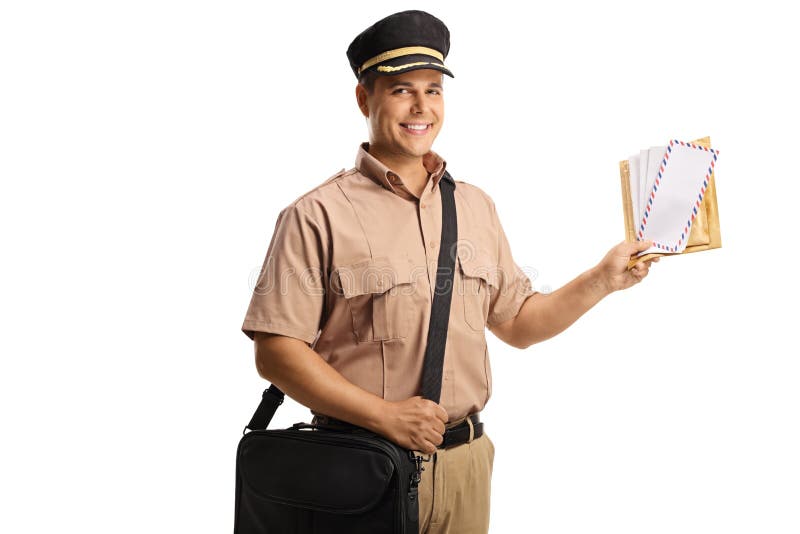 Smiling Mailman Holding a Letter and Gesturing a Thumb Up Sign Stock ...