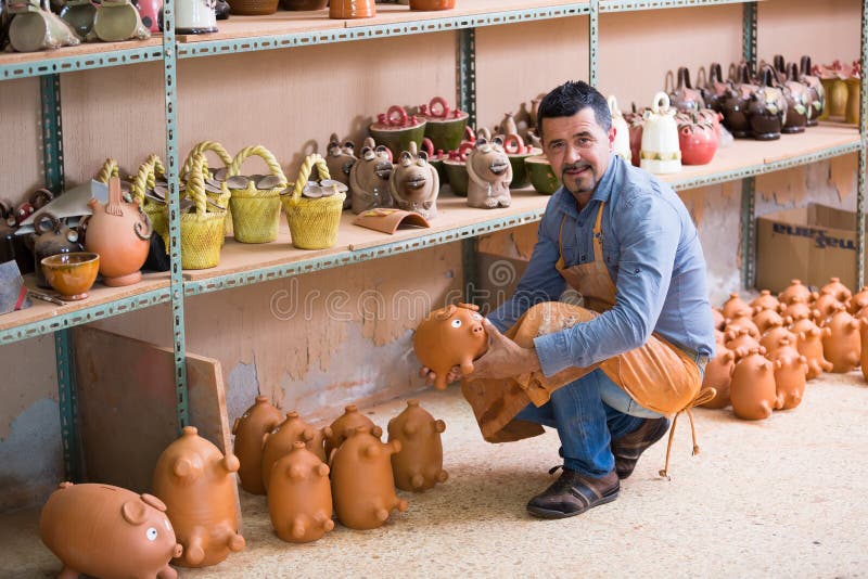 Smiling Male Artisan Having Ceramics in Workroom Stock Image - Image of ...