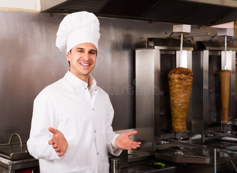 Smiling Male Chef with Meat on Grill Stock Image - Image of display ...