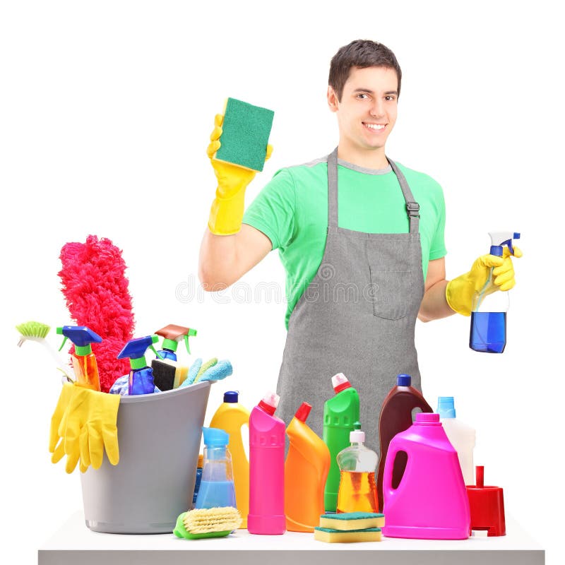 A Smiling Male Cleaner with Cleaning Equipment Stock Image - Image of ...
