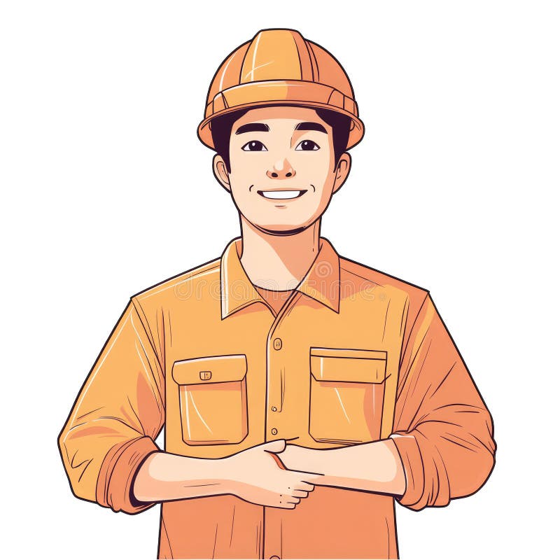 Smiling Male Construction Worker in Orange Uniform Stock Illustration ...