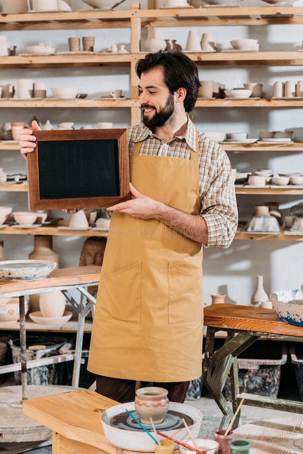 Smiling Male Owner Holding Chalkboard Stock Image - Image of handicraft ...