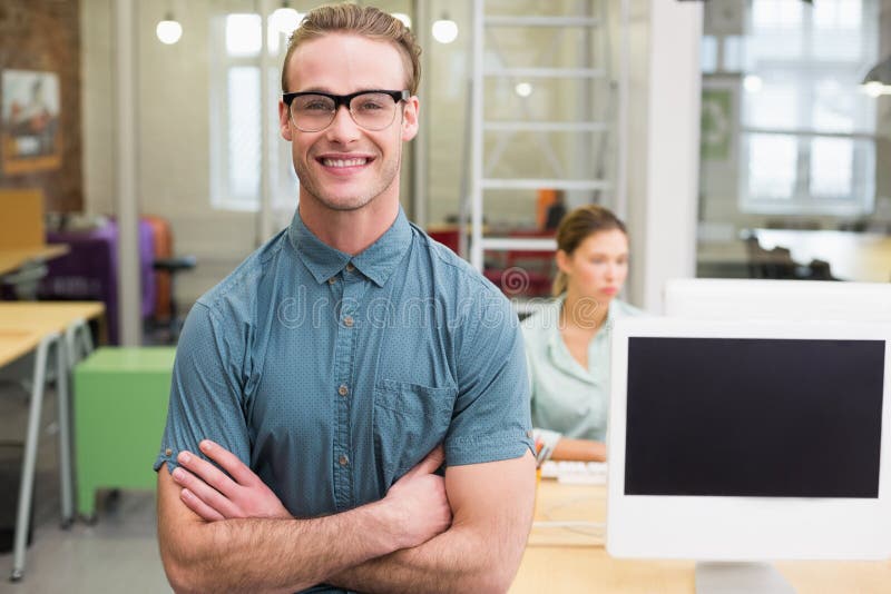 Smiling Male Photo Editor in Office Stock Photo - Image of camera ...