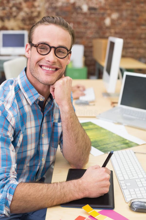 Smiling Male Photo Editor in Office Stock Image - Image of glasses ...