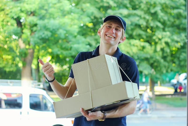 Smiling Male Postal Delivery Courier Man Outdoors Stock Image - Image ...