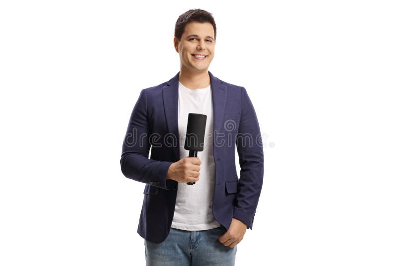 Reporter with a Microphone and a Cameraman Interviewing a Male Student ...