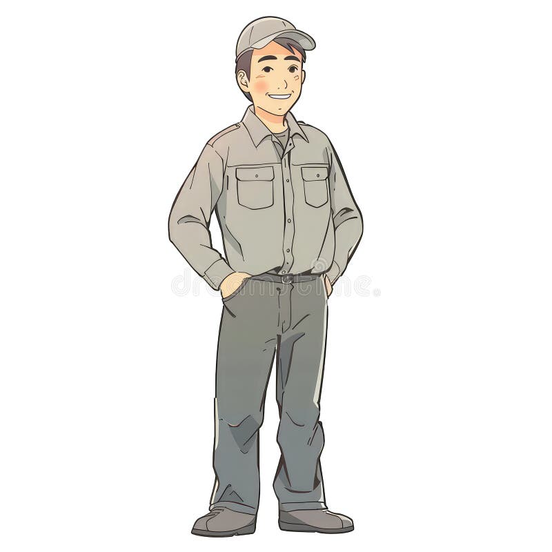 Smiling Male Worker in Grey Work Uniform Stock Illustration ...