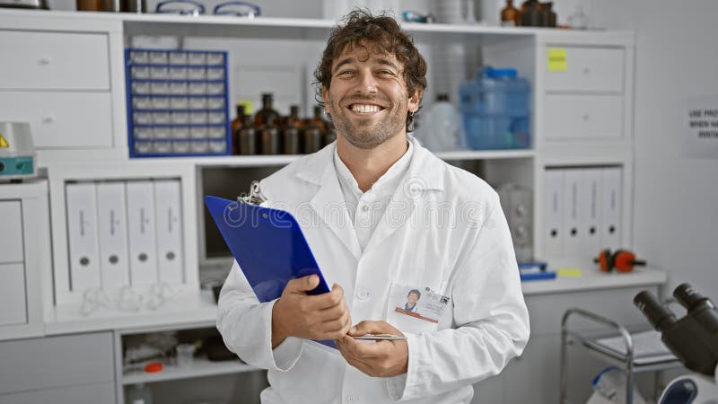 A Smiling Man with a Beard Standing in a Laboratory Wearing a Lab Coat ...