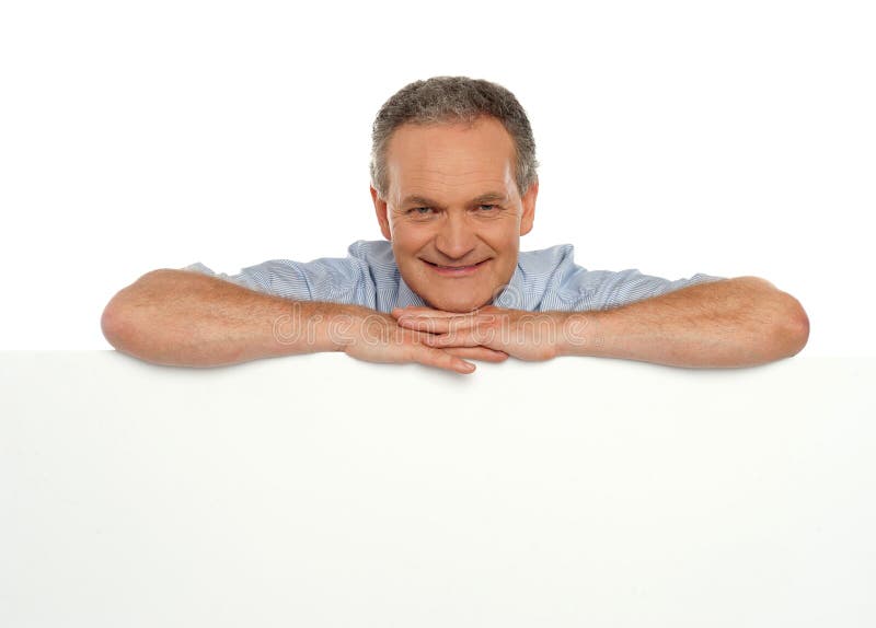 Smiling Man Behind Blank White Banner Ad Stock Image - Image of ...