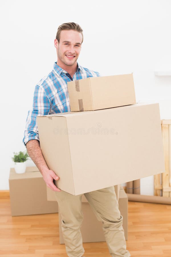 Smiling Man Carrying Cardboard Moving Boxes Stock Image - Image of life ...