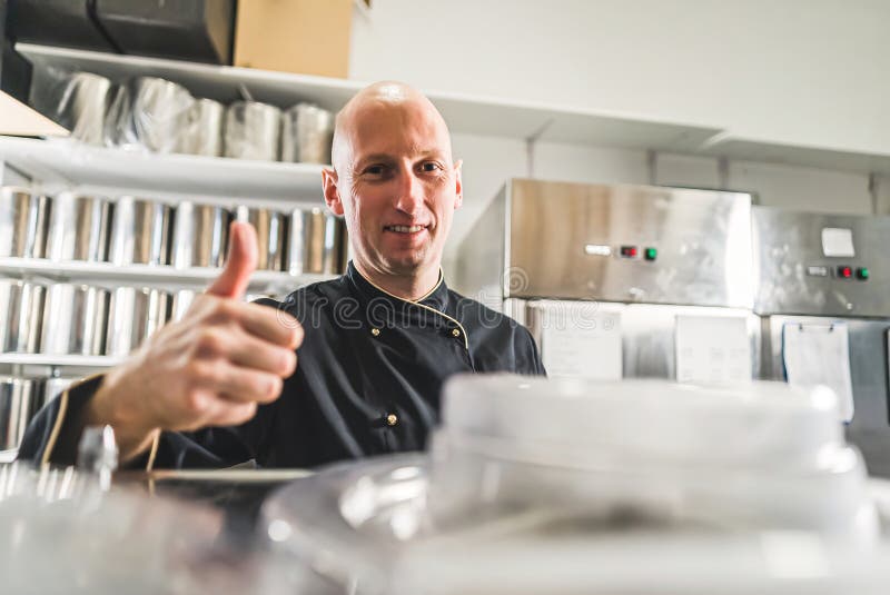 Smiling Man Chef with a Thumb Up at Pasteurization Machine, Prepairing ...