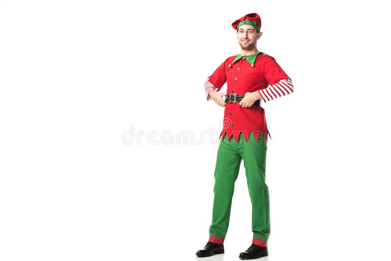 Smiling Man in Christmas Elf Costume Looking at Camera and Carrying ...