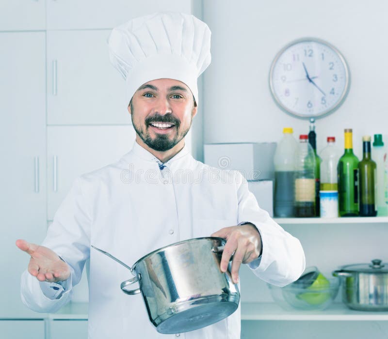 Smiling Man Cook Making Tasty Dishes in Kitchen Stock Photo - Image of ...