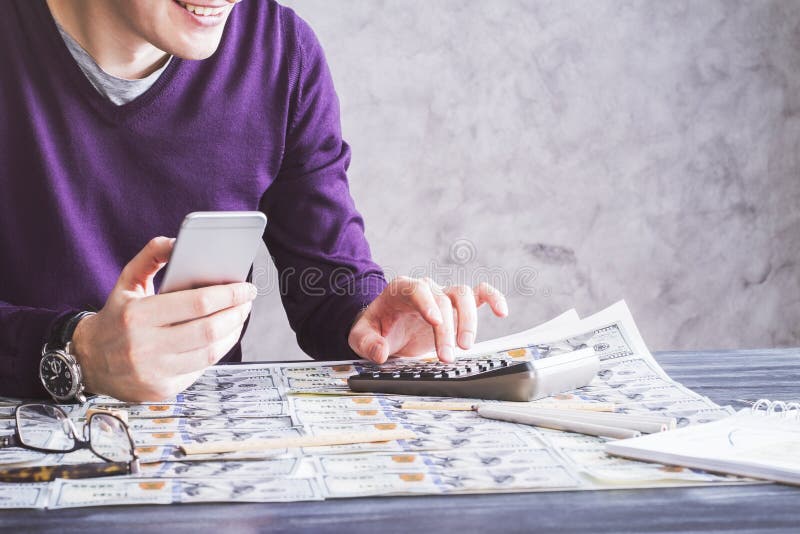 Smiling Man Counting on Money Stock Photo - Image of paperwork ...