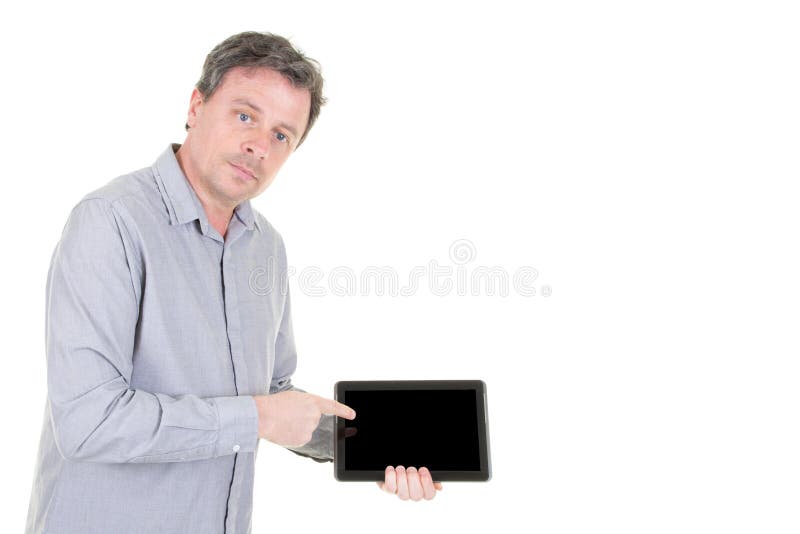 Smiling Man Demonstrating Showing Blank Tablet Computer Black Screen