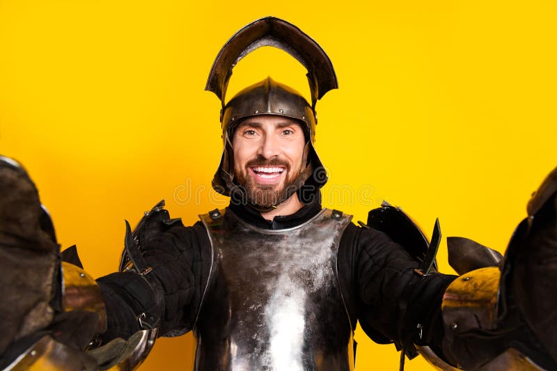 Smiling Man Dressed As Medieval Knight Posing with Cheerful Expression ...