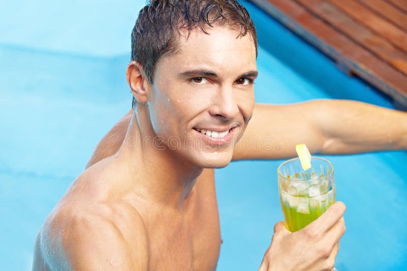 Smiling Man with Drink in Pool Stock Image - Image of happy, blue: 24759593