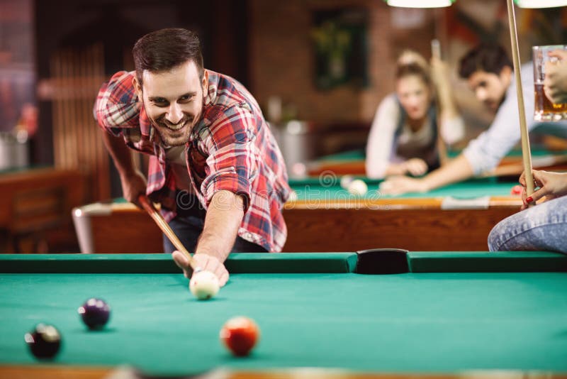Smiling Man Enjoying Playing Pool Stock Image - Image of indoor, hobby ...