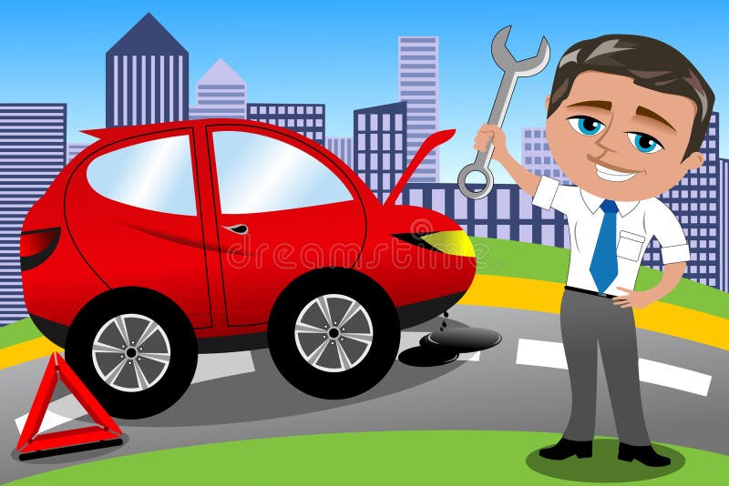 Smiling Man Fixing His Broken Car Stock Vector - Illustration of ... Smiling Man Fixing His Broken Car Stock Vector - Illustration of ...
