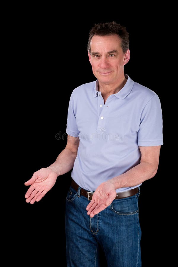 Smiling Man Hands Forward Demonstrating Something Stock Photo - Image ...