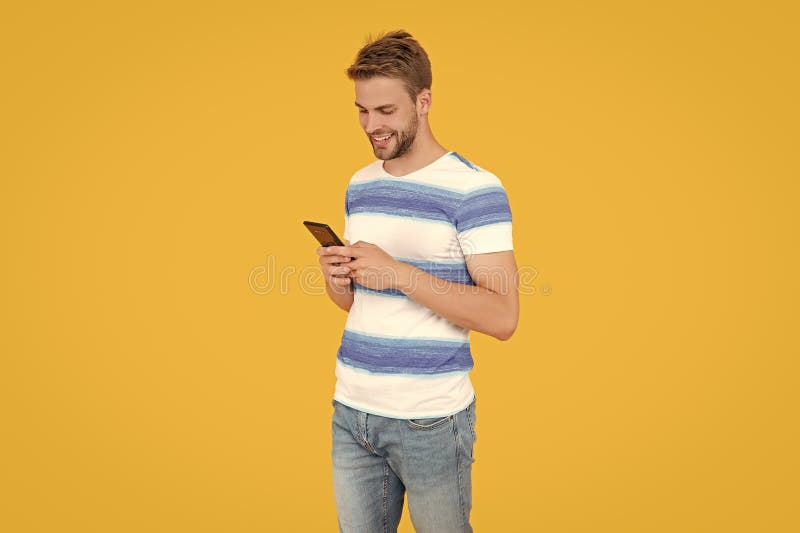 Smiling Man Has Phone Communication. Digital Communication of Man with ...