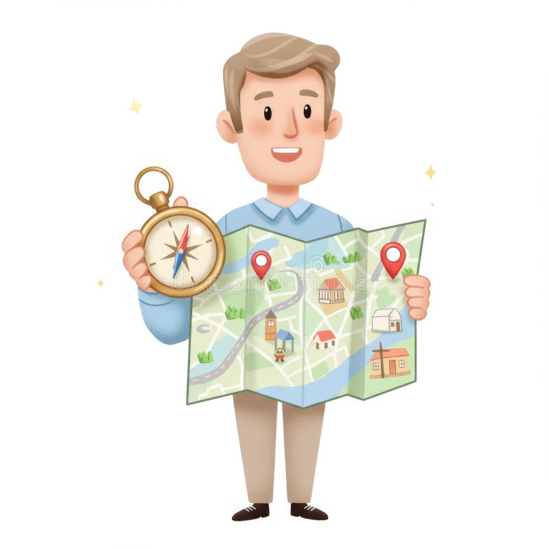 Smiling Man Holding Map and Compass Planning Trip Stock Illustration ...