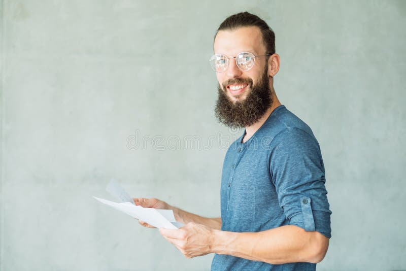 Smiling Man Holding Papers Documents Business Stock Image - Image of ...
