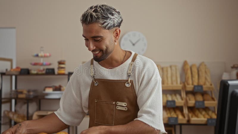 Smiling Man Holding Pastry Tray in Bakery Shop with Bread on Display in ...