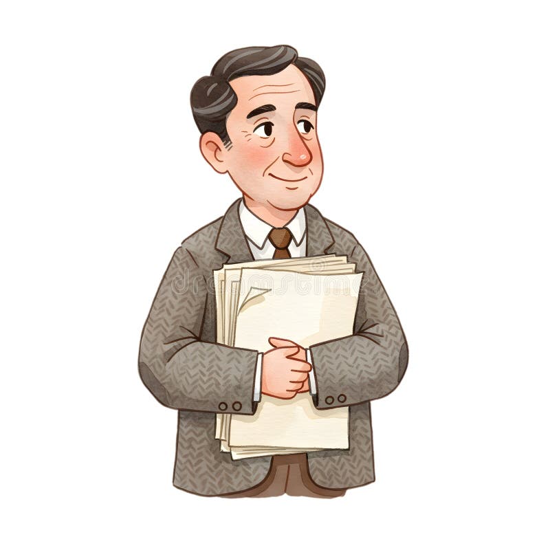 Smiling Man Holds Important Documents Papers Illustration Artwork Retro ...