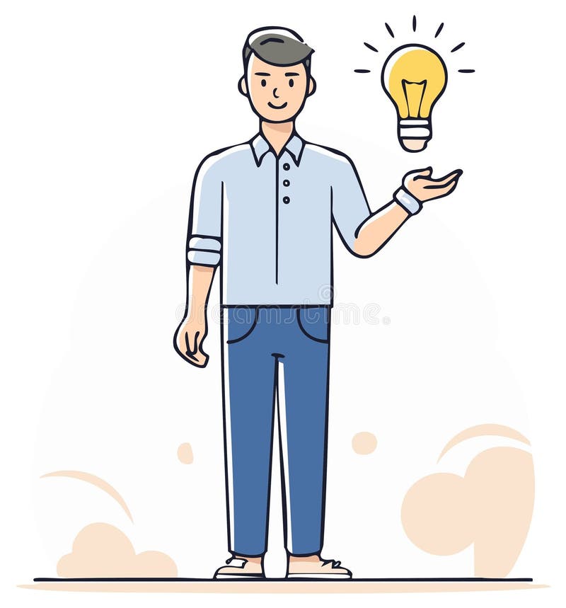Smiling Man with Lightbulb Symbolizing Creative Idea Innovation and Problem Solving Stock Vector ...