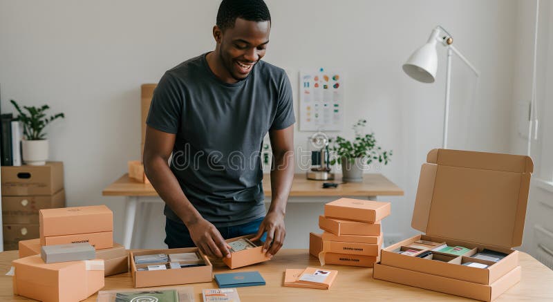 Man Packing Small Boxes on a Table Stock Illustration - Illustration of ...