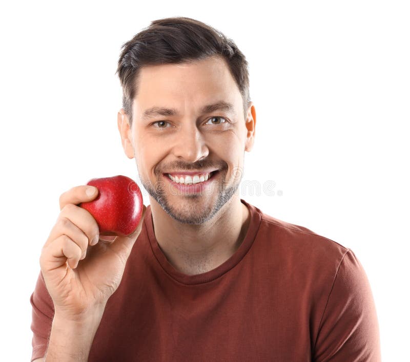 Smiling Man with Perfect Teeth and Red Apple Stock Image - Image of ...