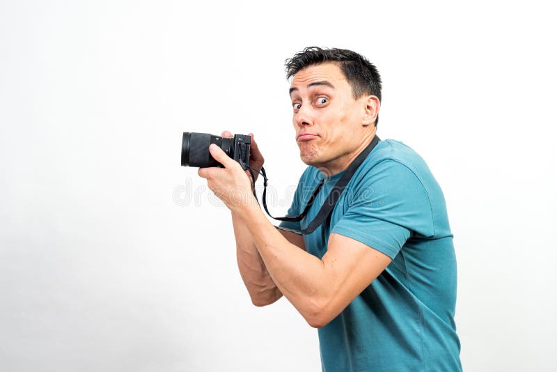 Smiling Man with a Photo Camera in Hands Looking at Camera Stock Image ...