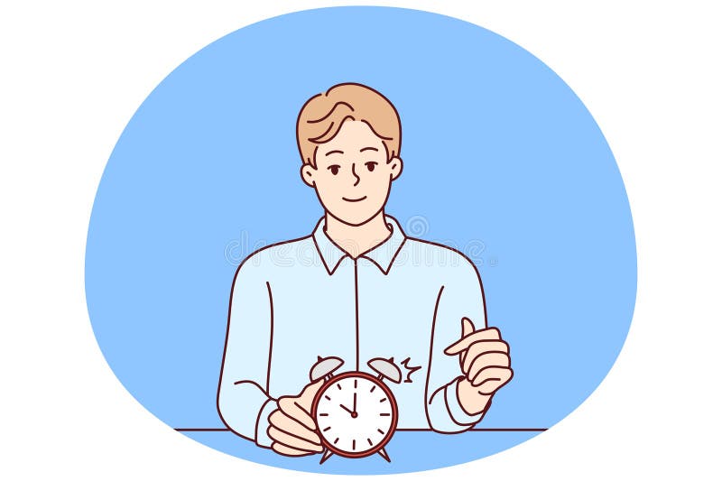 Smiling Man Points Finger at Alarm Clock To Remind of Time Management ...