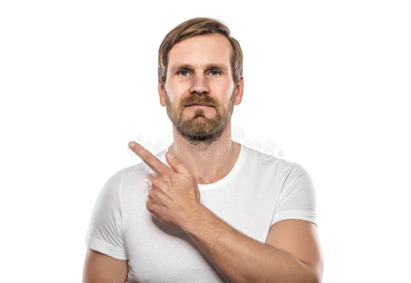 Smiling Man Points To an Empty Space. Stock Image - Image of humor ...