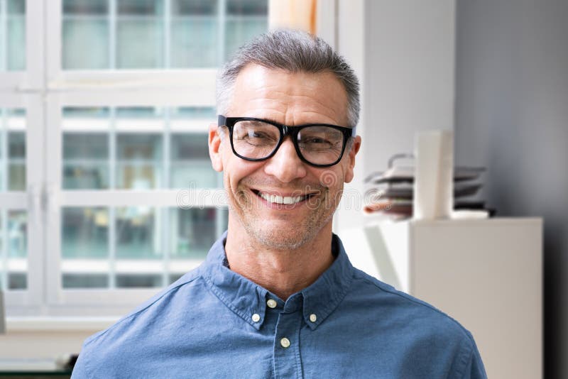 Smiling Man Portrait at Workplace Stock Image - Image of smart, glasses ...