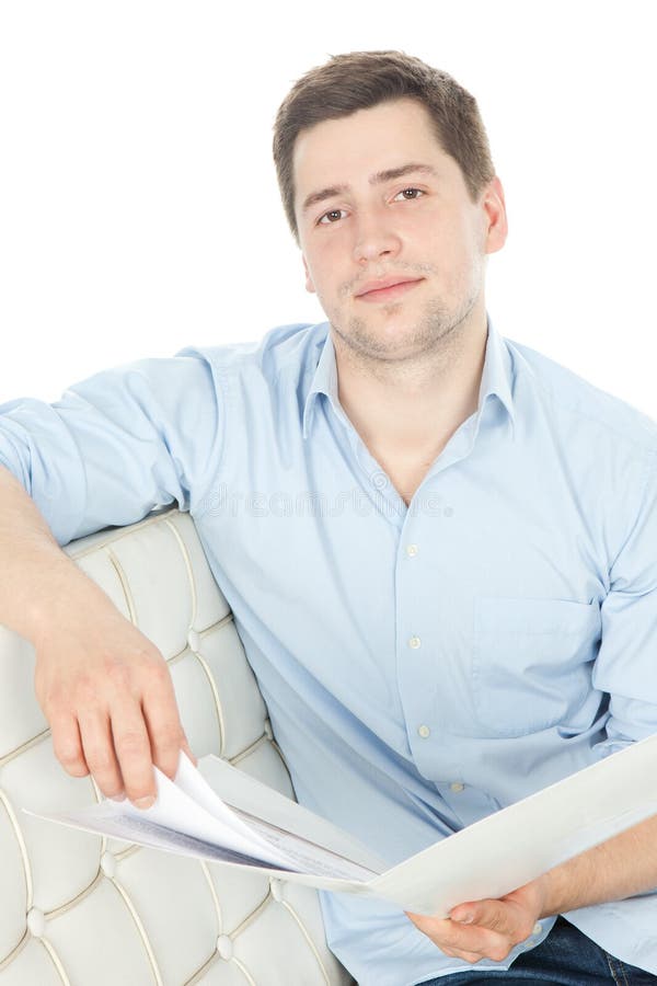 Smiling Man Reading Documents Over White Stock Image - Image of holding ...