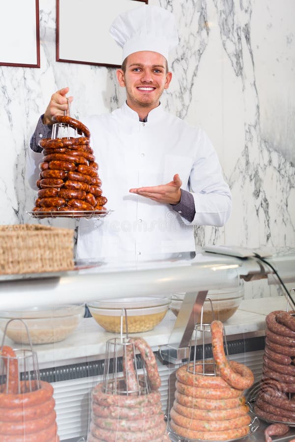 Smiling Man Seller Working at Meat Market Stock Image - Image of ...