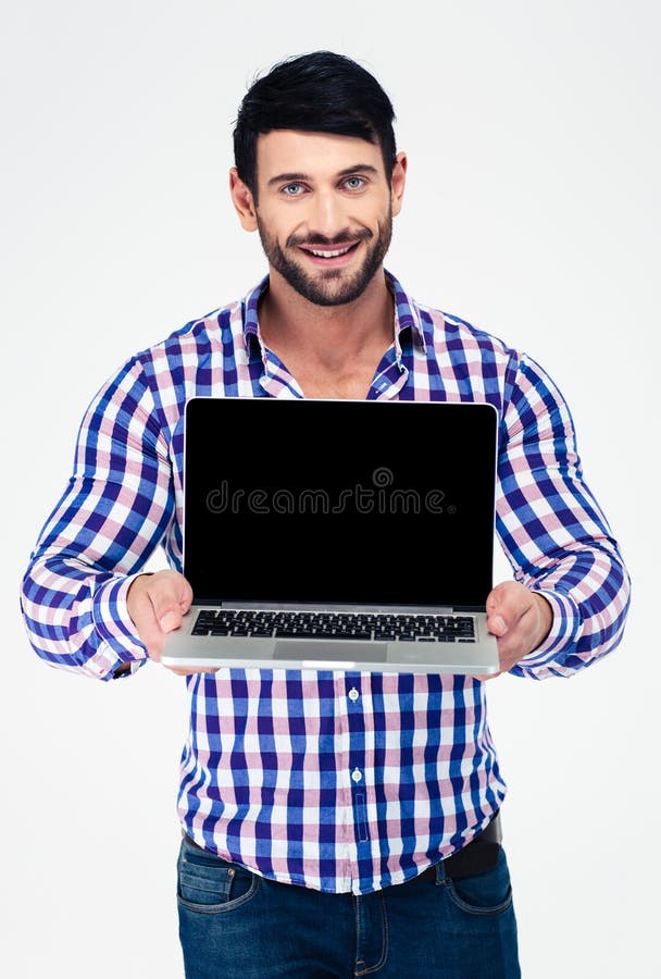 Smiling Man Showing Blank Laptop Computer Screen Stock Image - Image of ...